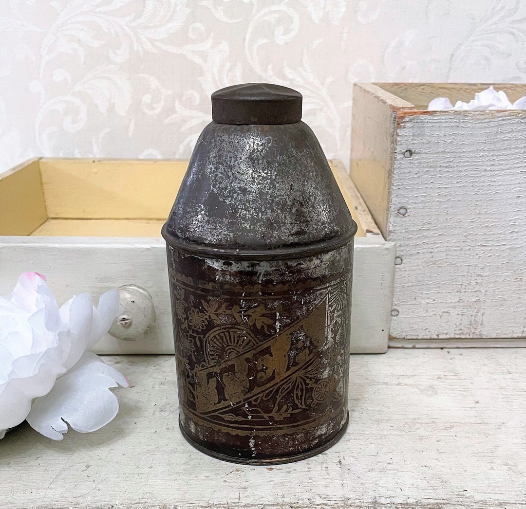 Rustic Antique Tea Tin C Late 1800s VERY WORN Old Brown Tole Tin W Gold ...