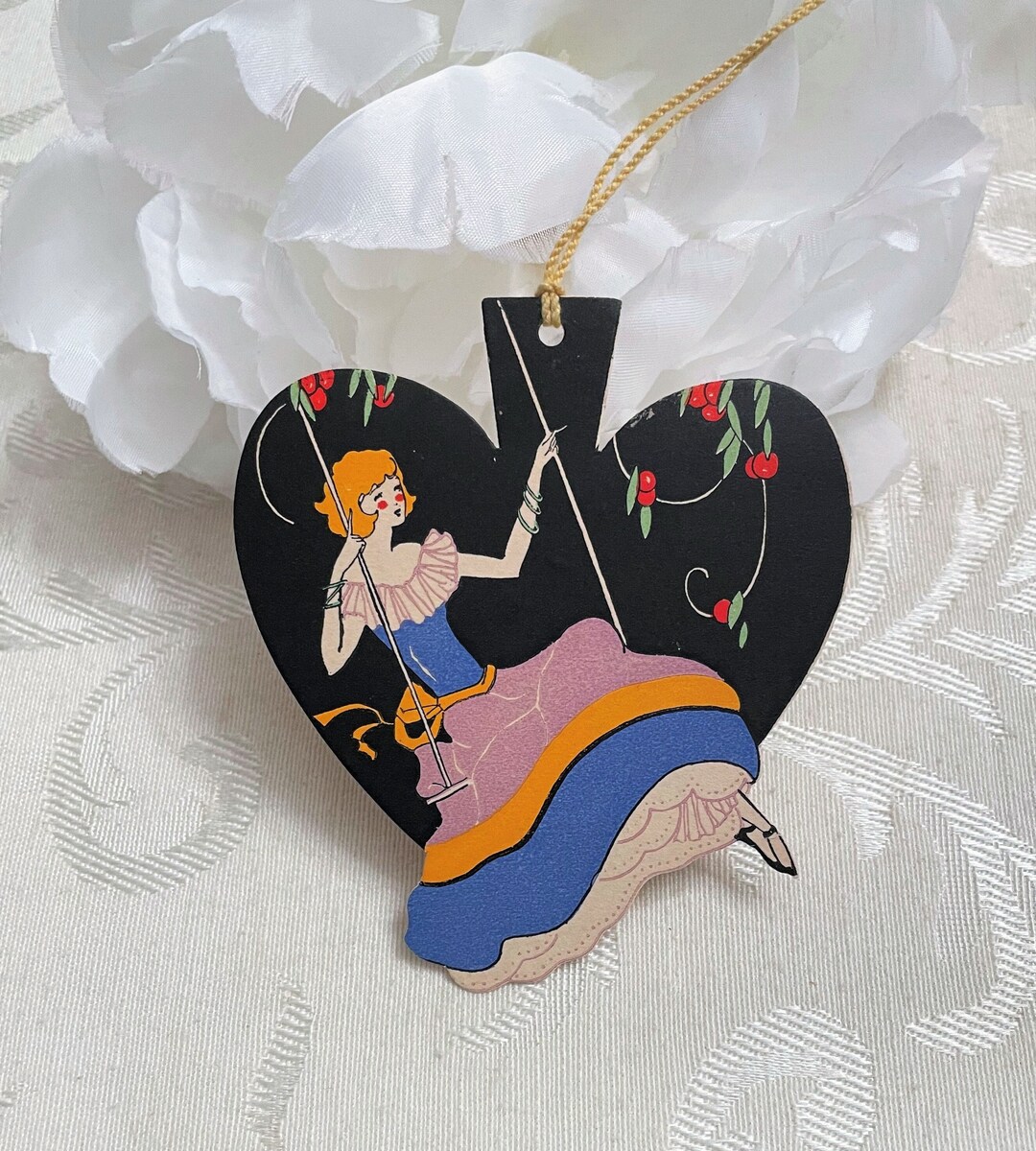 Antique Bridge Tally Card W Redhead Flapper Girl on Swing W Spade Shape ...
