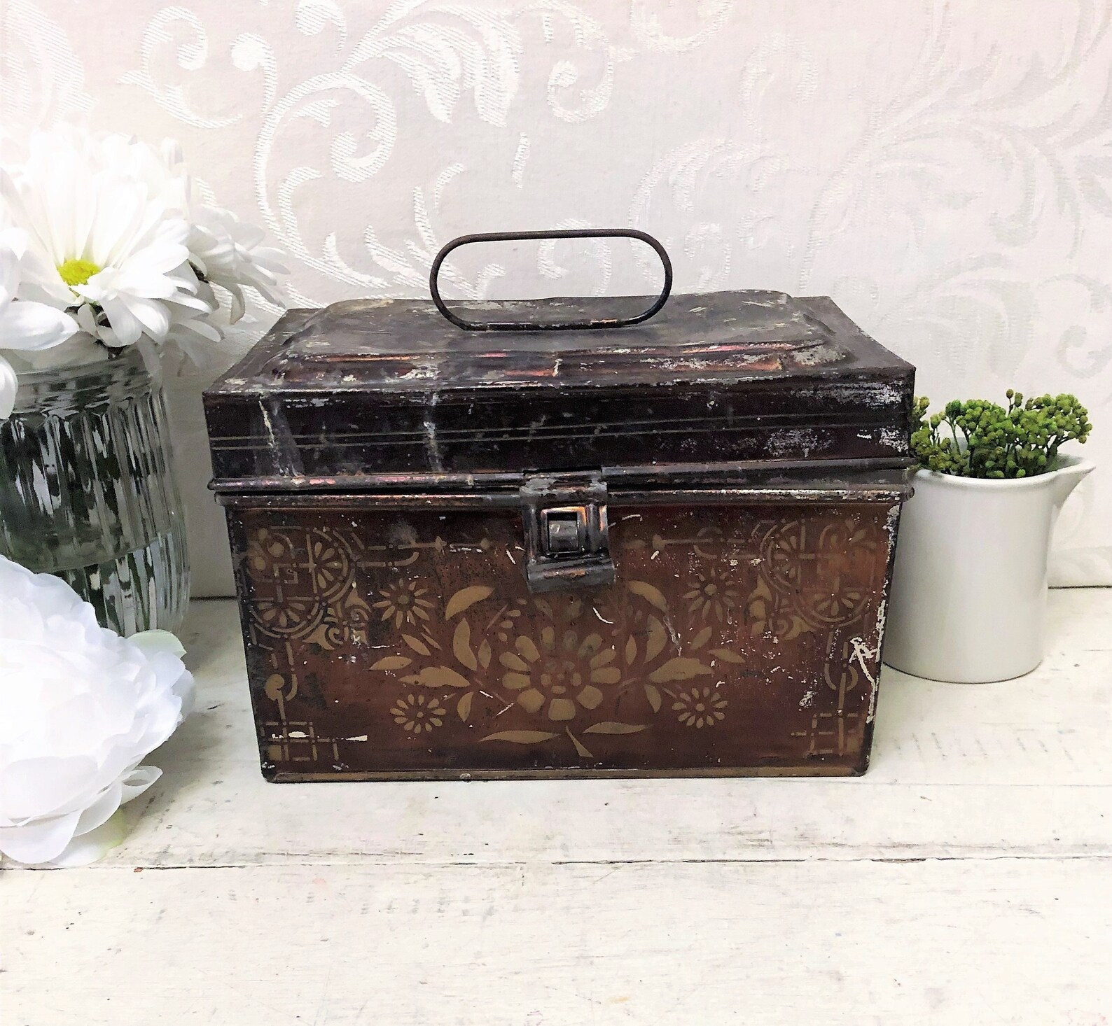 SHABBY Early Tole Box Dark Brown Coppery Color W Floral | Etsy