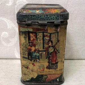 Rare Tiny Antique Tea Tin W Asian Scenes Pretty Patina Small Vintage ...