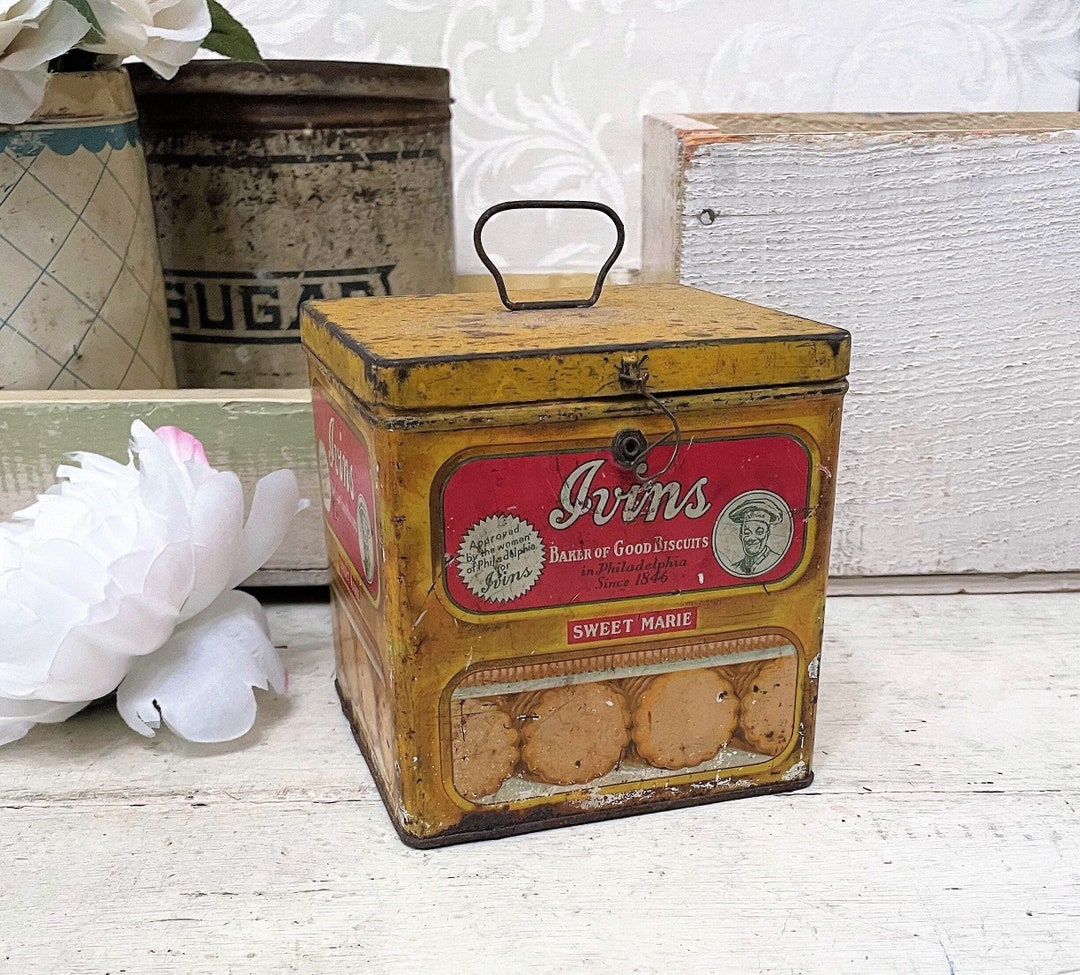 RUSTIC Antique Biscuit Tin Farmhouse Patina Shabby Ivins Cookies C 1910 ...