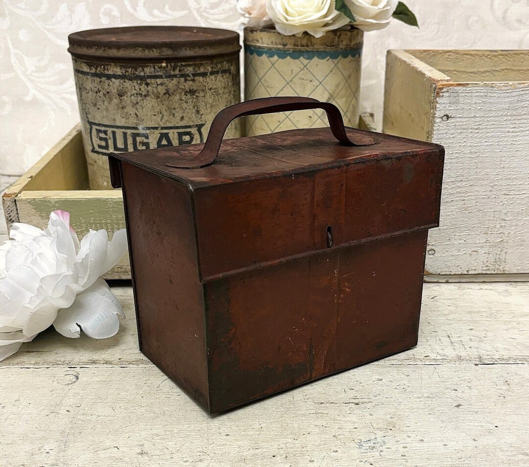 Rustic Red Vintage Farmhouse Tin Lunch Box Style Hand Painted Shabby ...