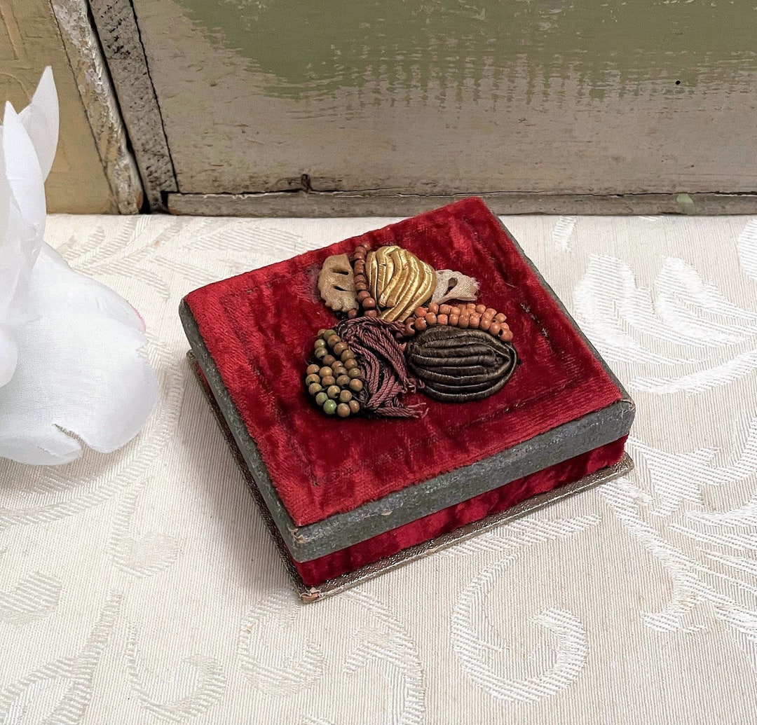 Beautiful Small Antique Trinket Box Cardboard Red Velvet Covered W ...