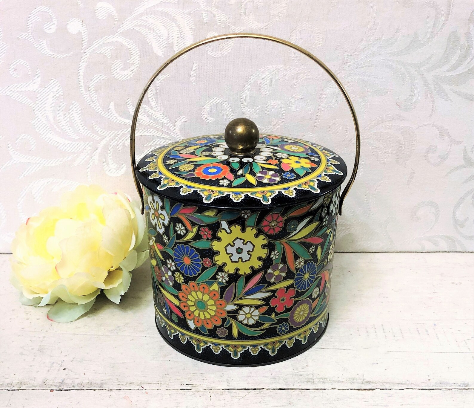 Large Vintage Flower Power Tin Box Round Floral Tin Colorful | Etsy