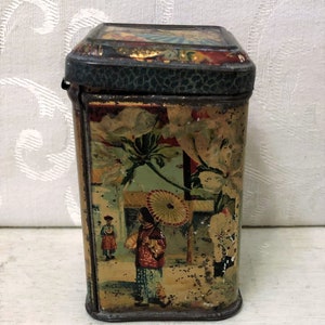 Rare Tiny Antique Tea Tin W Asian Scenes Pretty Patina Small Vintage ...