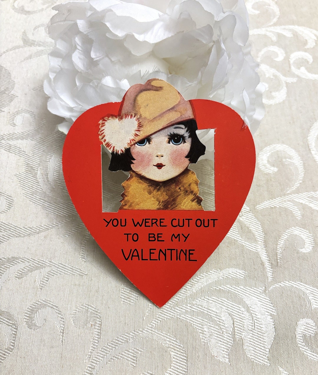Little Flapper Girl Antique Die Cut Valentine’s Day Card W Cut Out ...