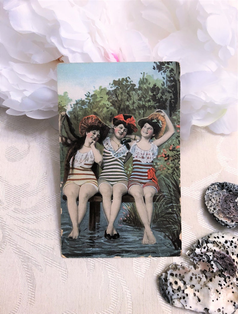 Bathing Beauties Antique Postcard C 1910 Edwardian Striped Etsy