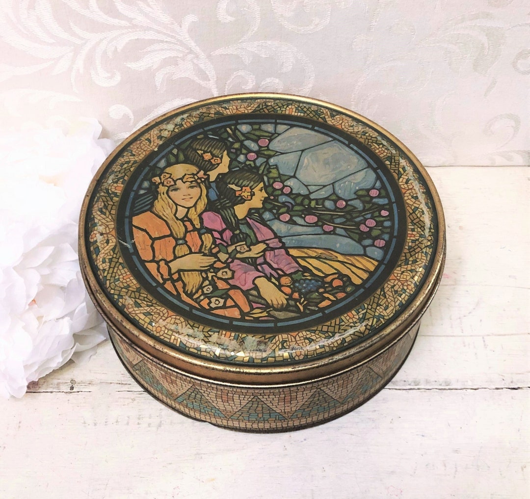 Large Beautiful Antique Tin Box Young Women Flowers in Hair Gold ...