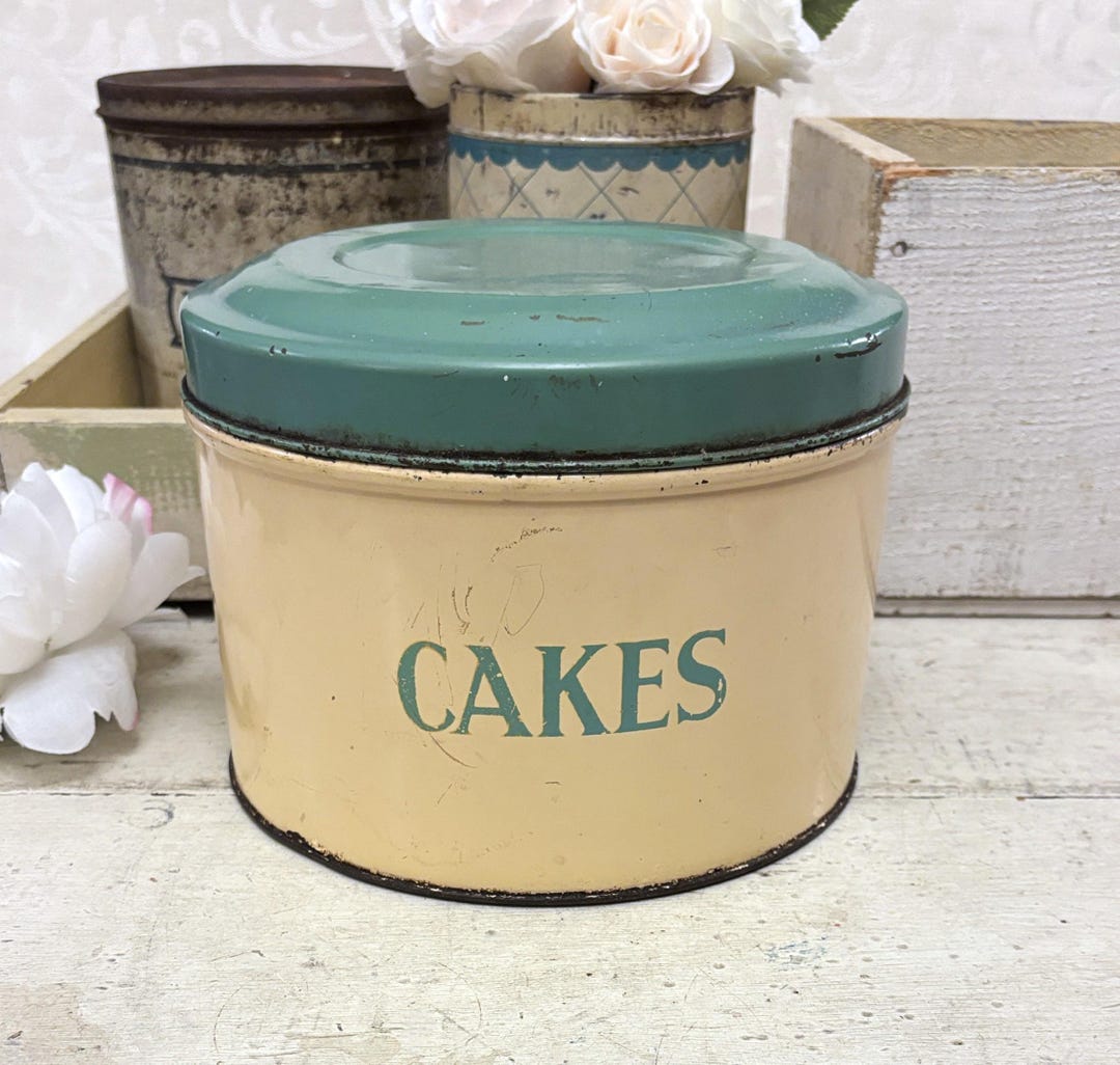 Vintage Cakes Tin Cream Pantry Tin W Green Lid Antique Rustic Farmhouse ...