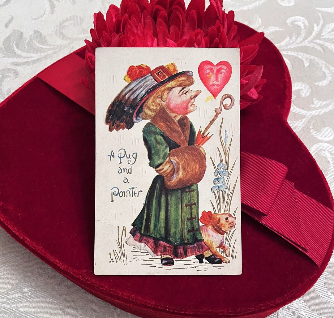 Unusual Antique Valentines Day Postcard W Lady and Dog, Pug Nose Pun ...