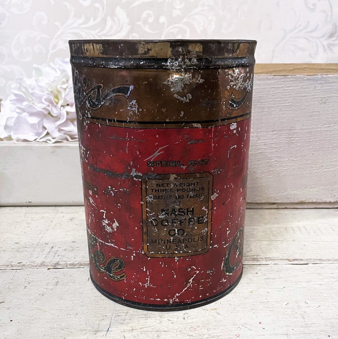 RUSTIC Farmhouse Coffee Tin W Red Gold Black Antique Nashs - Etsy