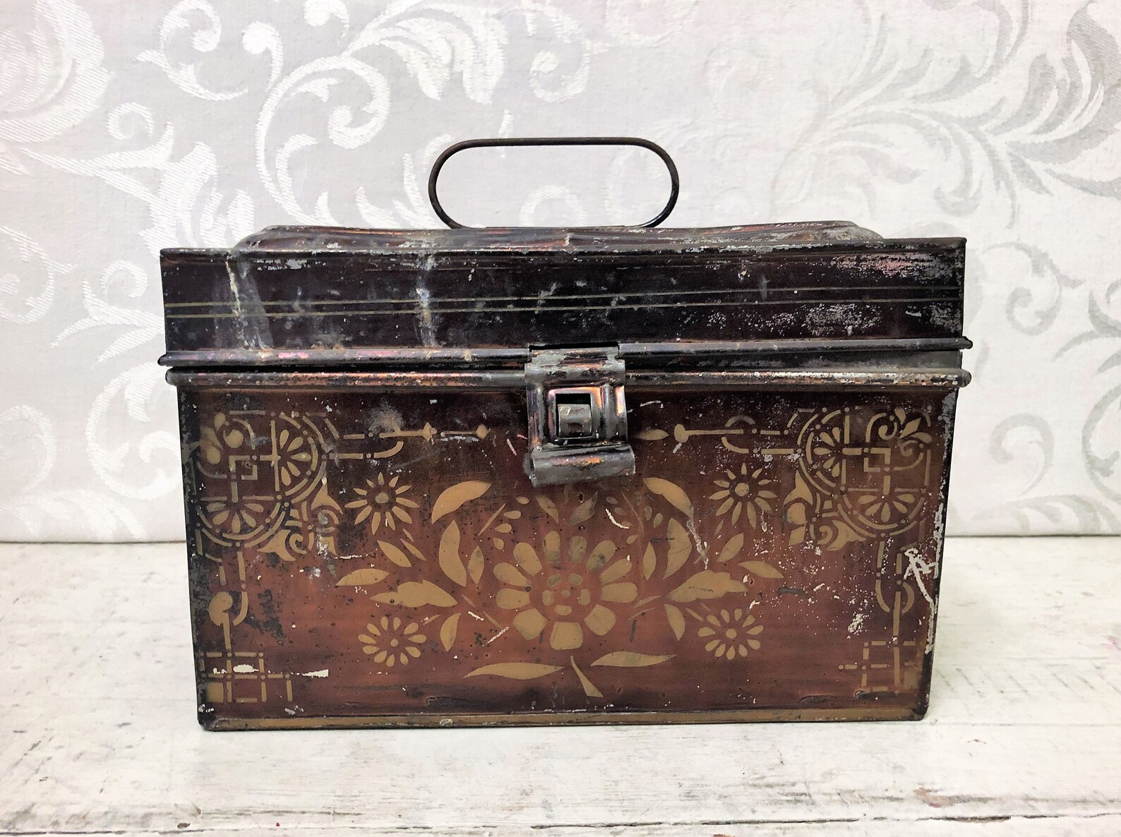 SHABBY Early Tole Box Dark Brown Coppery Color W Floral | Etsy