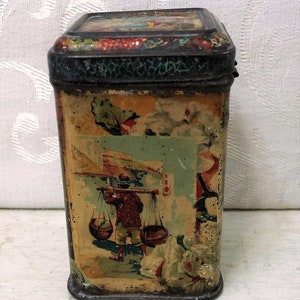 Rare Tiny Antique Tea Tin W Asian Scenes Pretty Patina Small Vintage ...