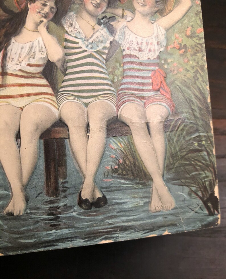Bathing Beauties Antique Postcard C 1910 Edwardian Striped Etsy