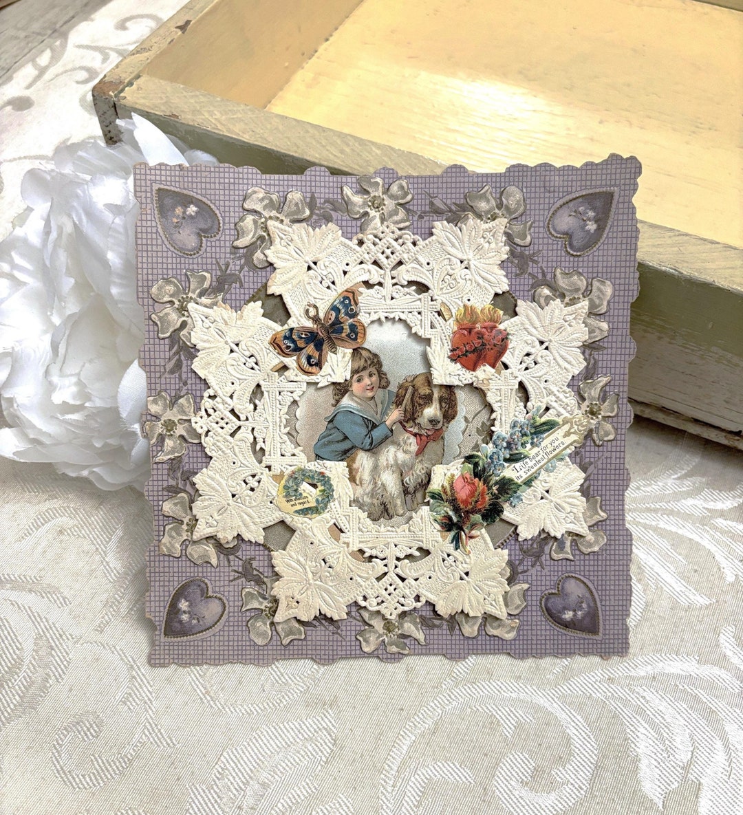 Antique Layered Valentines Day Card Little Boy W Dog St Bernard ...