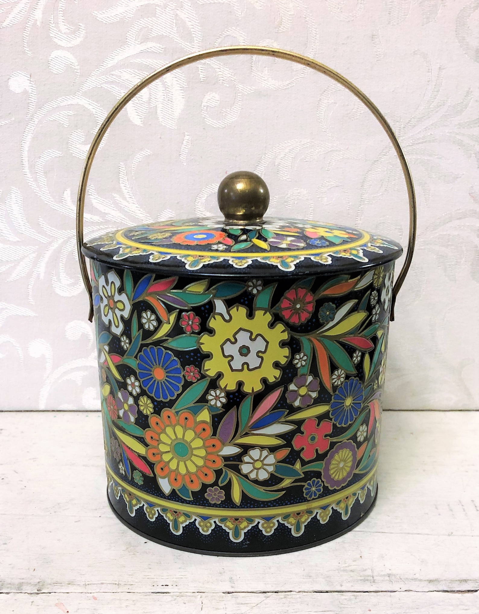 Large Vintage Flower Power Tin Box Round Floral Tin Colorful | Etsy