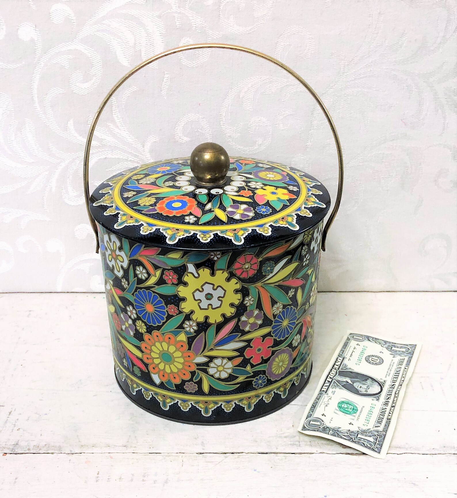 Large Vintage Flower Power Tin Box Round Floral Tin Colorful | Etsy