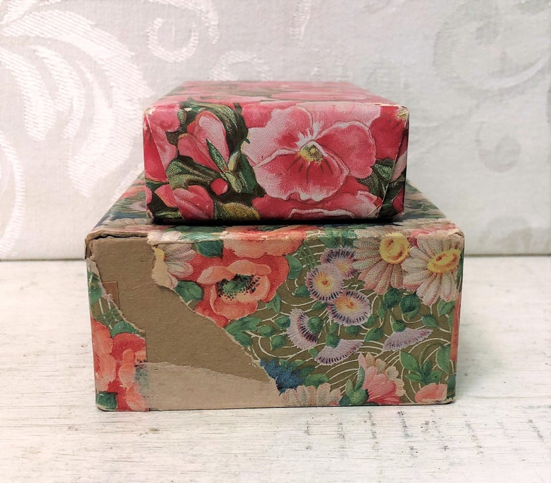 Two Lovely Small Vintage Floral Cardboard Boxes Tiny Pink Green Flower ...