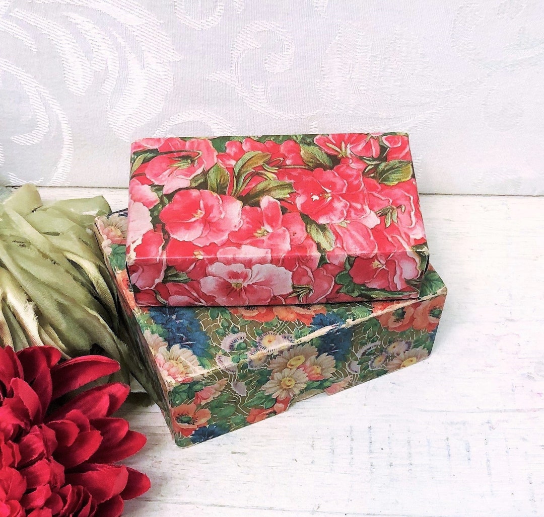 Two Lovely Small Vintage Floral Cardboard Boxes Tiny Pink Green Flower ...