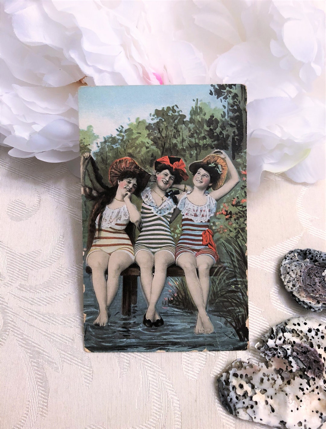 Bathing Beauties Antique Postcard C 1910 Edwardian Striped Old ...