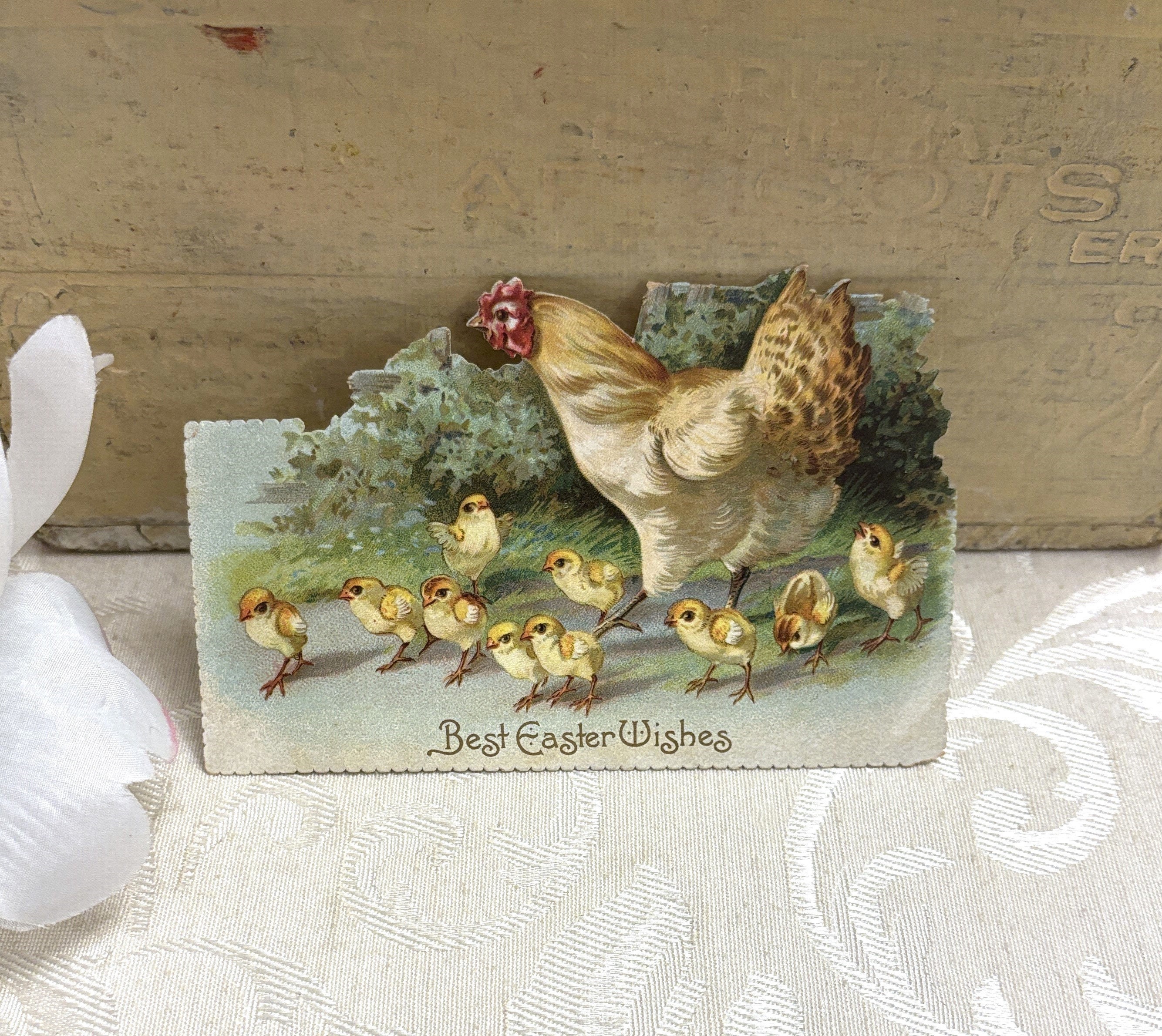 Antique Victorian Easter Card W Mother Hen & Her Little Yellow Chicks C ...