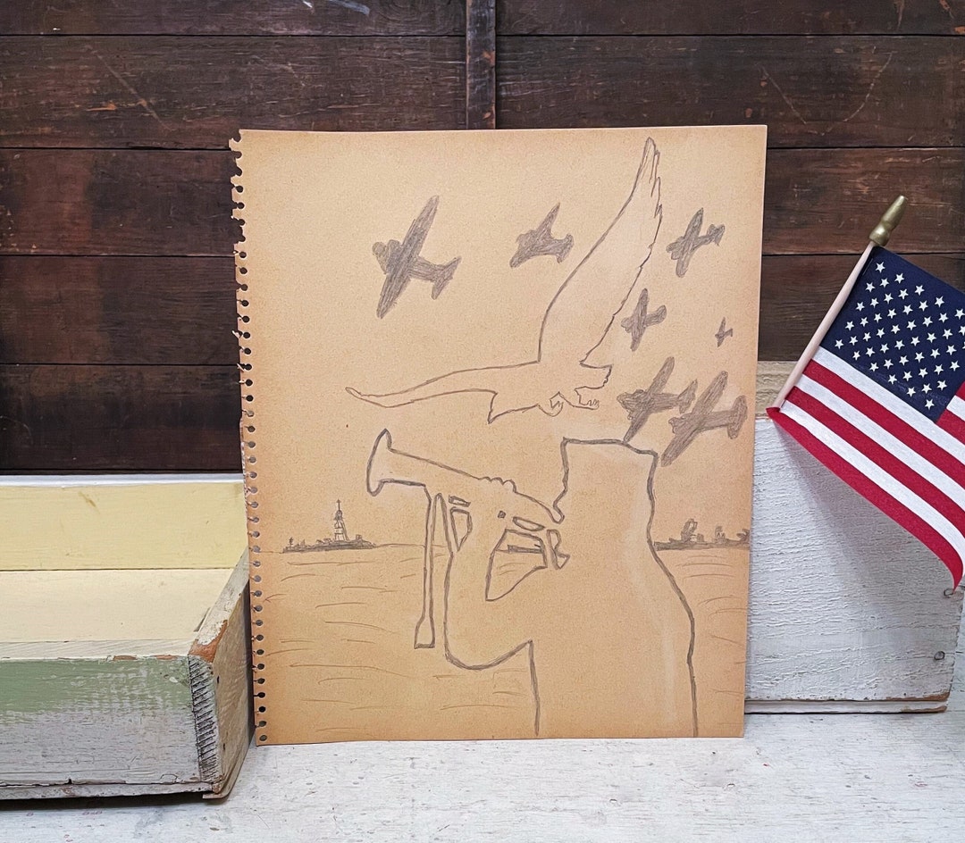 Vintage C 1940s Patriotic Sketch Soldier W Bugle Eagle Planes World War ...