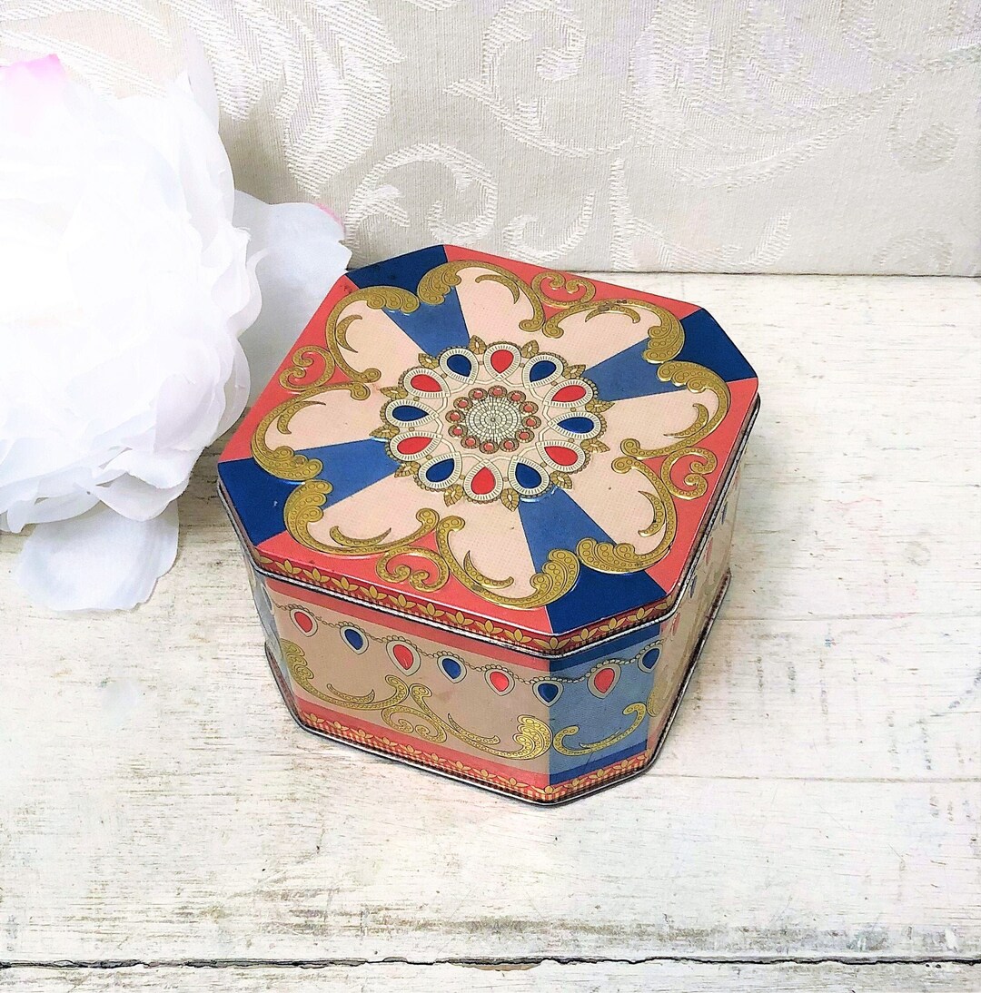 Beautiful Small Vintage Tin Box Pink & Blue Ornate Jewel Motifs ...