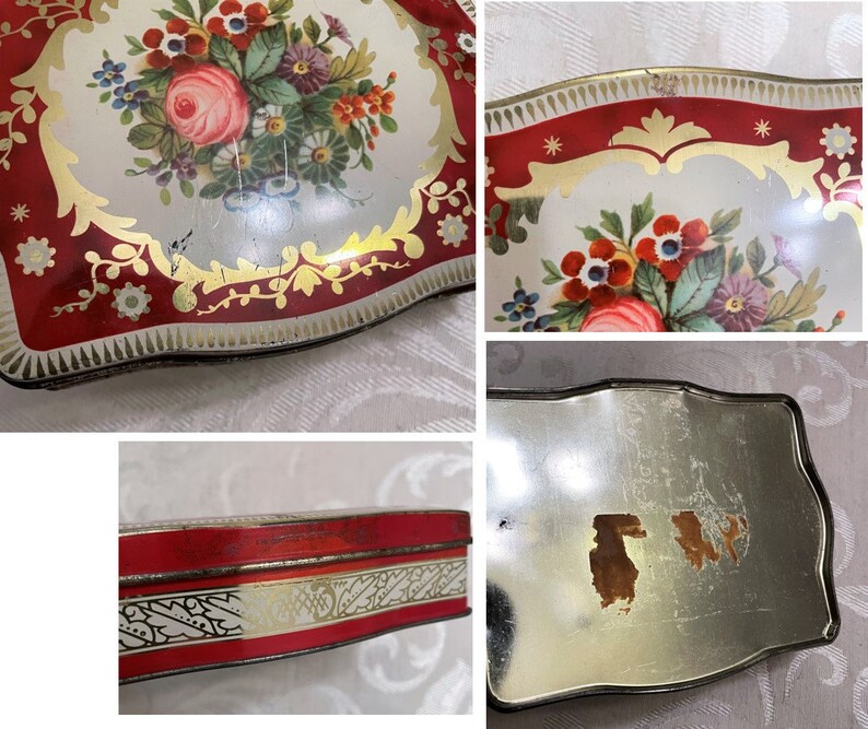 Small Vintage Tin in Red With Floral Art and Scalloped Sides - Etsy