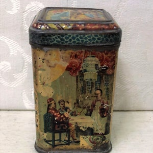 Rare Tiny Antique Tea Tin W Asian Scenes Pretty Patina Small Vintage ...