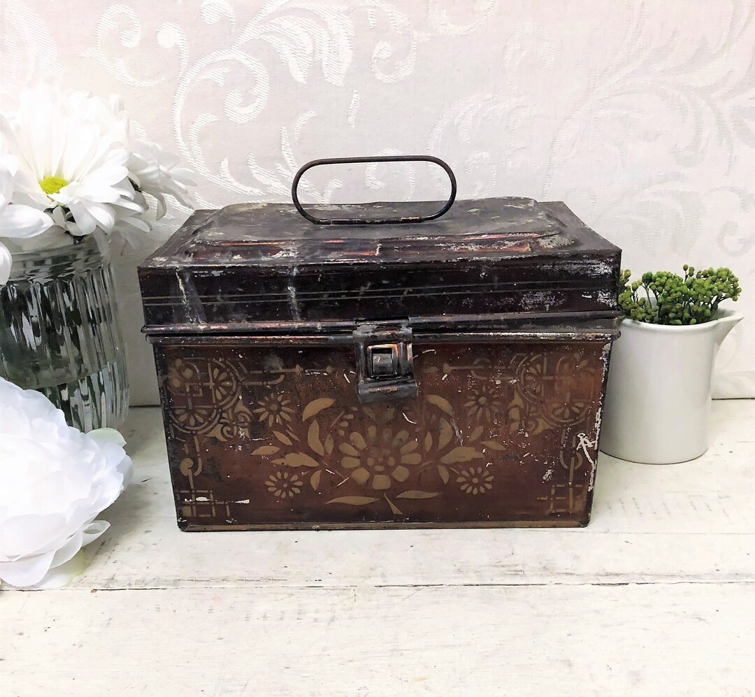 SHABBY Early Tole Box, Dark Brown Coppery Color W Floral Stenciled ...