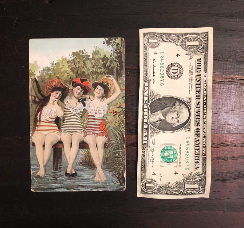 Bathing Beauties Antique Postcard C 1910 Edwardian Striped Etsy