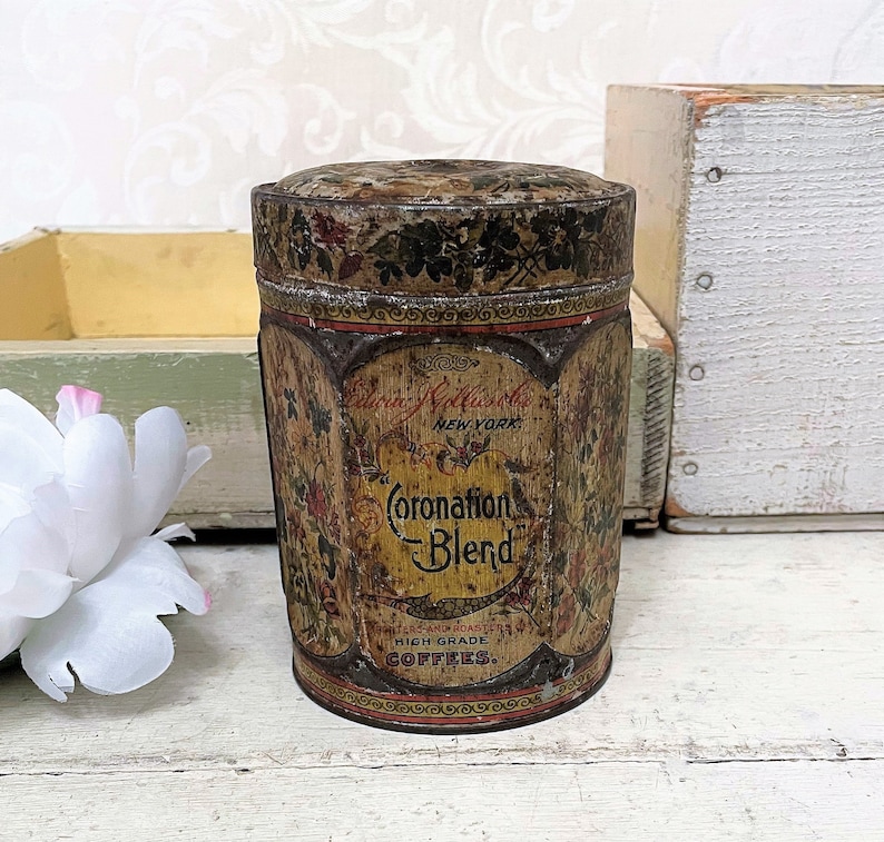 Rustic Antique Coffee Tin Small Floral Montage Botanical | Etsy