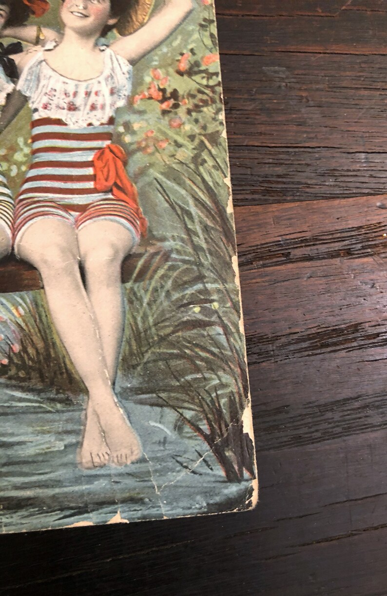 Bathing Beauties Antique Postcard C 1910 Edwardian Striped Etsy