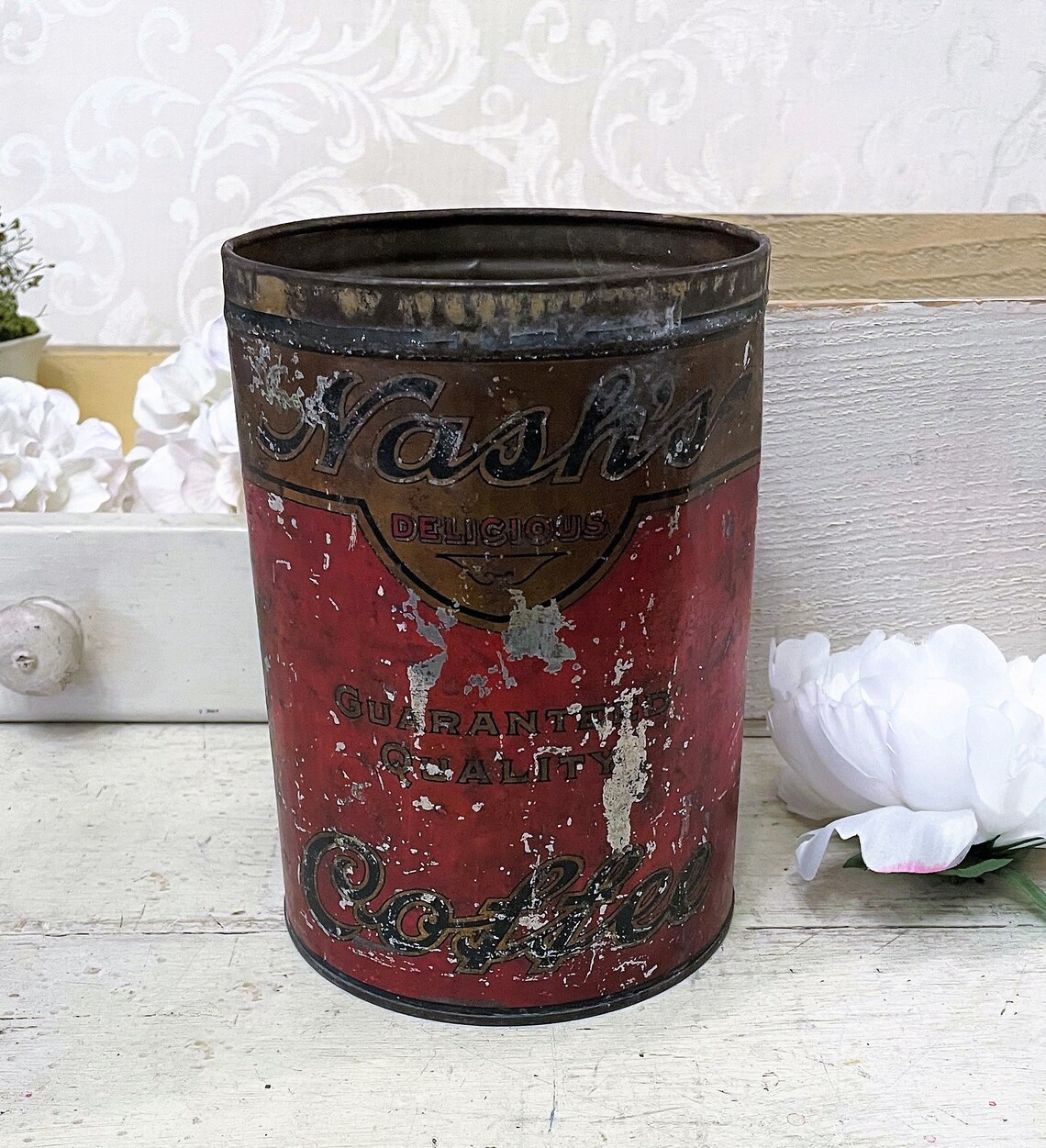RUSTIC Farmhouse Coffee Tin W Red Gold Black Antique Nashs - Etsy