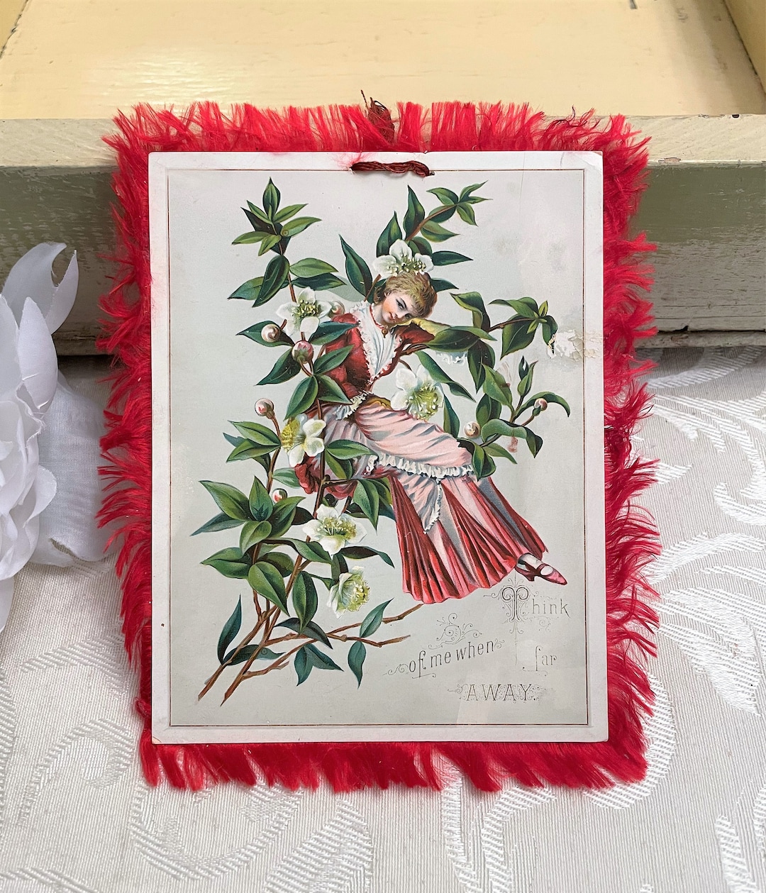 Antique Victorian Greeting Card Pretty Lady & Little Boy W Red Fringe ...