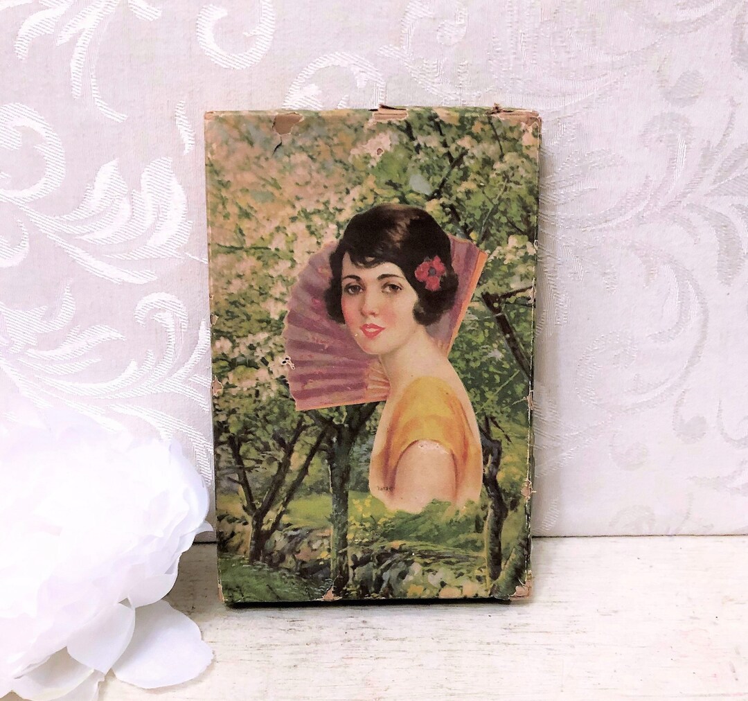 Antique Flapper Cardboard Box C 1920s Pretty Lady W Fan and Outdoor ...