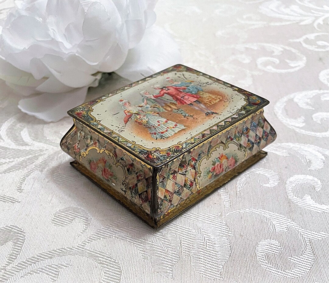 Beautiful Tiny Ornate Tin Box W 1700s Minuet Dancing Scene Small Cocoa ...