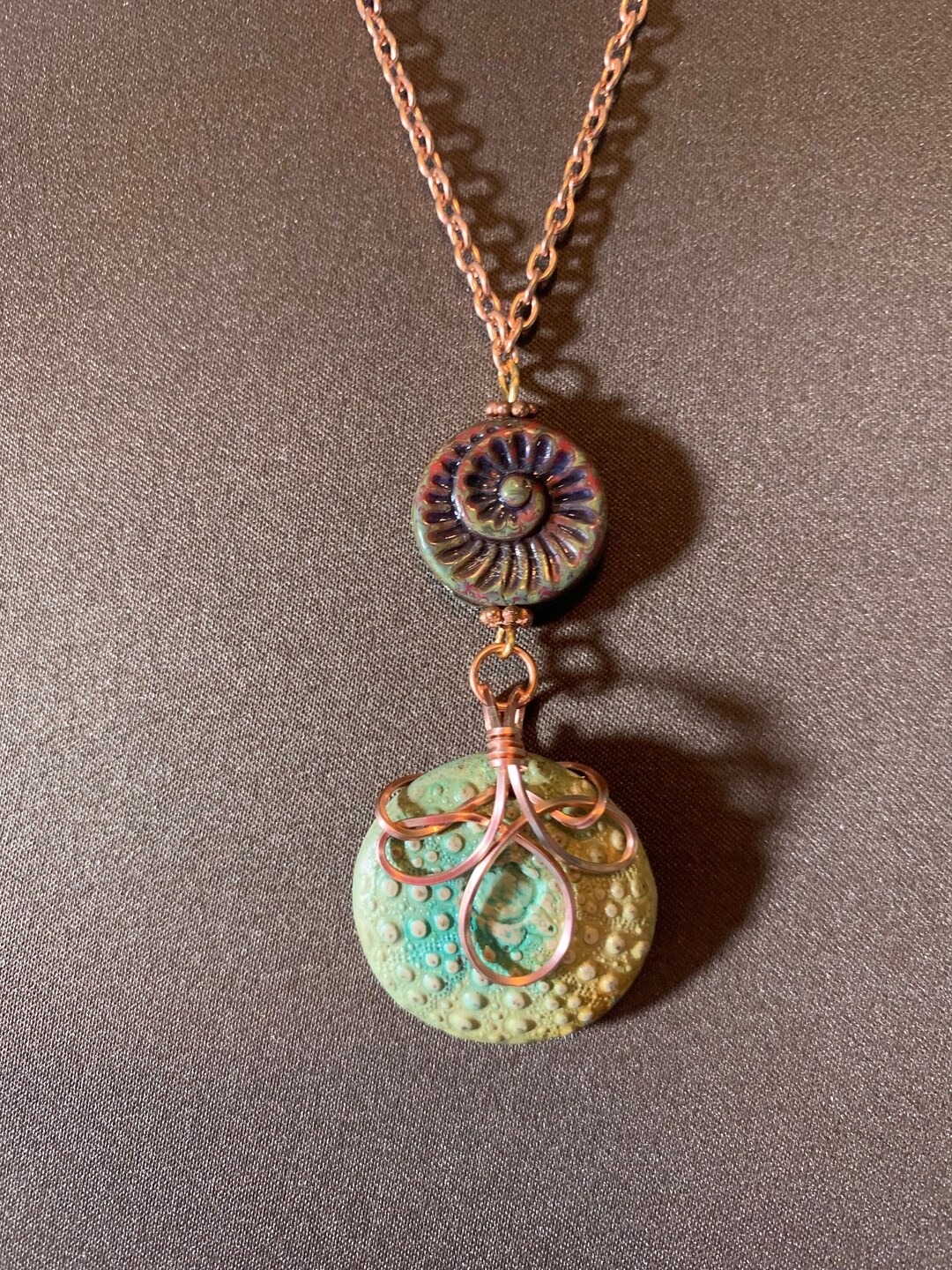 Wired Wrapped Clay Sand Dollar and Glass Shell Bead Copper Wire Pendant ...