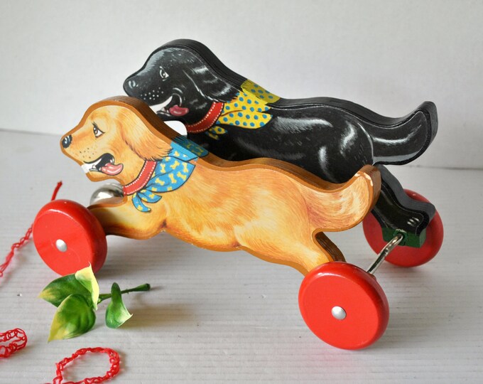 Vintage Schylling Running Dogs Wooden Pull Toy, 2 Racing Puppy Dogs ...