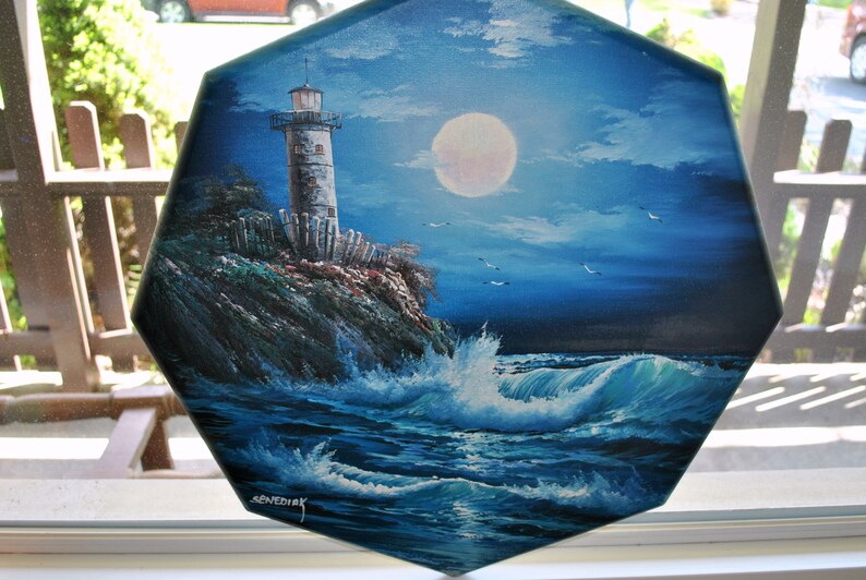 Unique Octagon Moonlit Lighthouse Cliff Waves Wall Art Canvas - Etsy