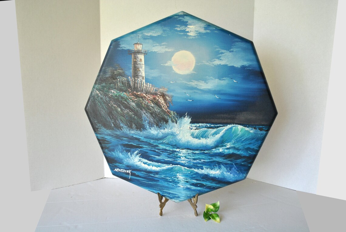 Unique Octagon Moonlit Lighthouse Cliff Waves Wall Art Canvas - Etsy