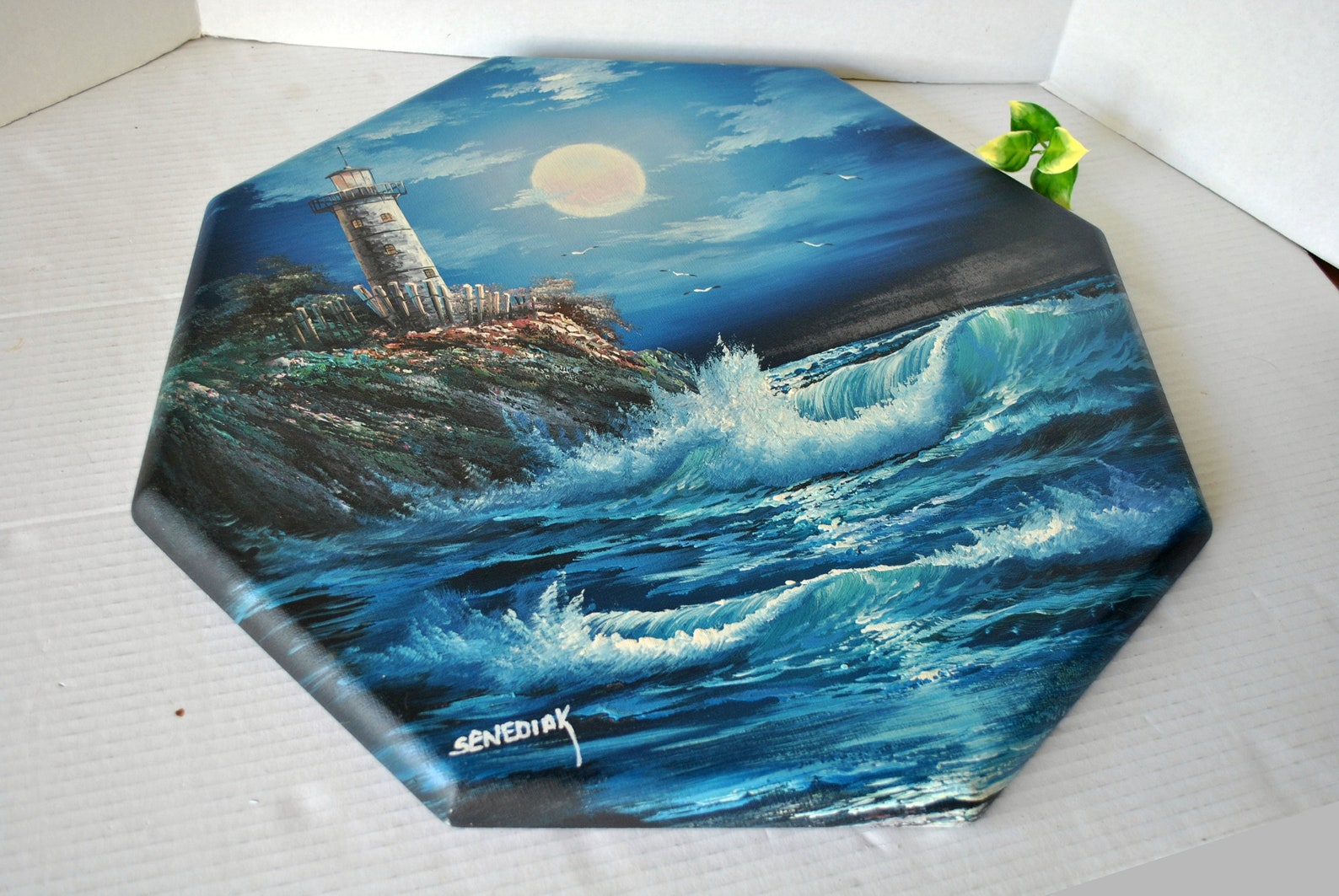 Unique Octagon Moonlit Lighthouse Cliff Waves Wall Art Canvas - Etsy