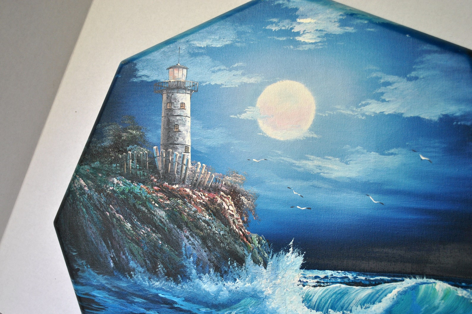 Unique Octagon Moonlit Lighthouse Cliff Waves Wall Art Canvas | Etsy