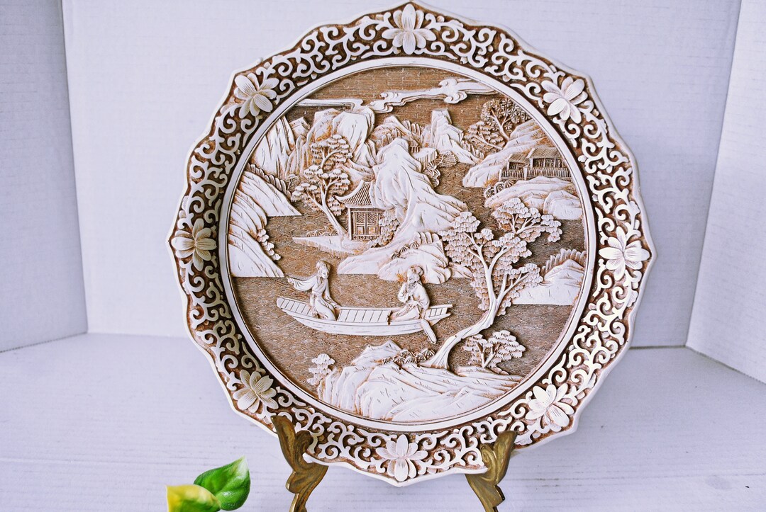 Vintage Asian Ivory Dynasty Cabinet Plate Carved Faux Cinnabar Resin by ...