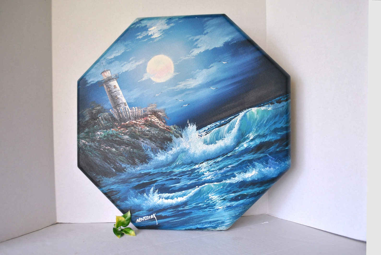 Unique Octagon Moonlit Lighthouse Cliff Waves Wall Art Canvas | Etsy