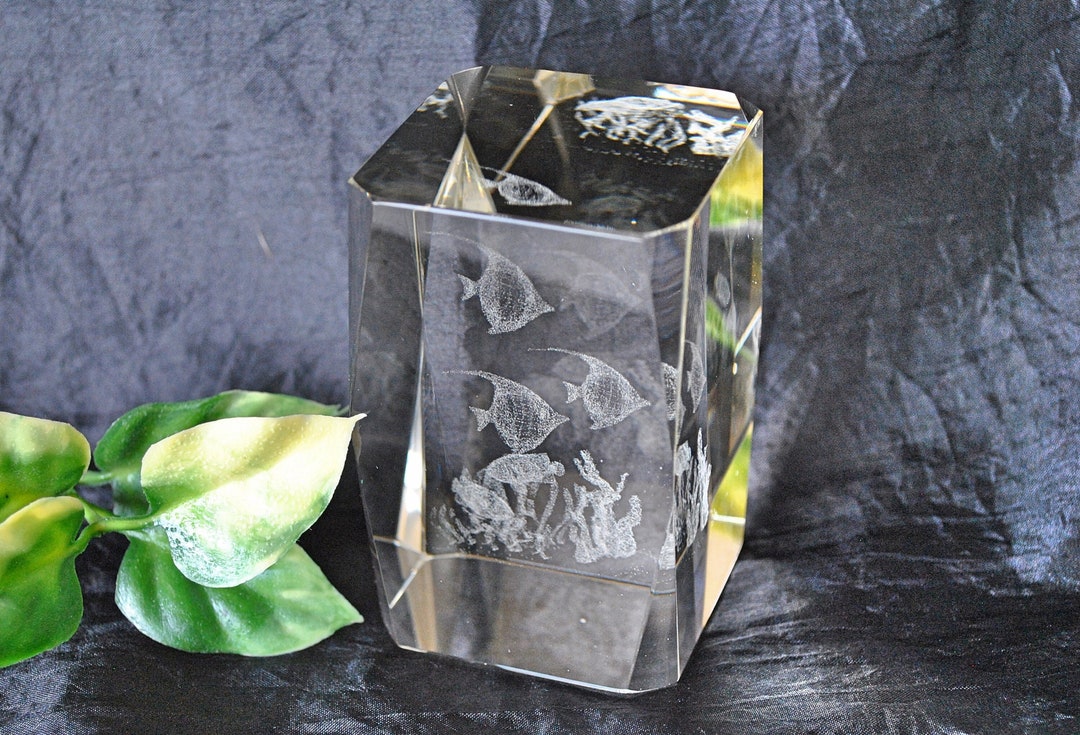 Vintage Laser Etched 3D Tropical Fish Art Glass Block Paperweight ...