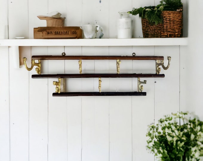 Vintage Wood and Brass Foldable Wall Coat Rack With Seven Hangers / Hat ...