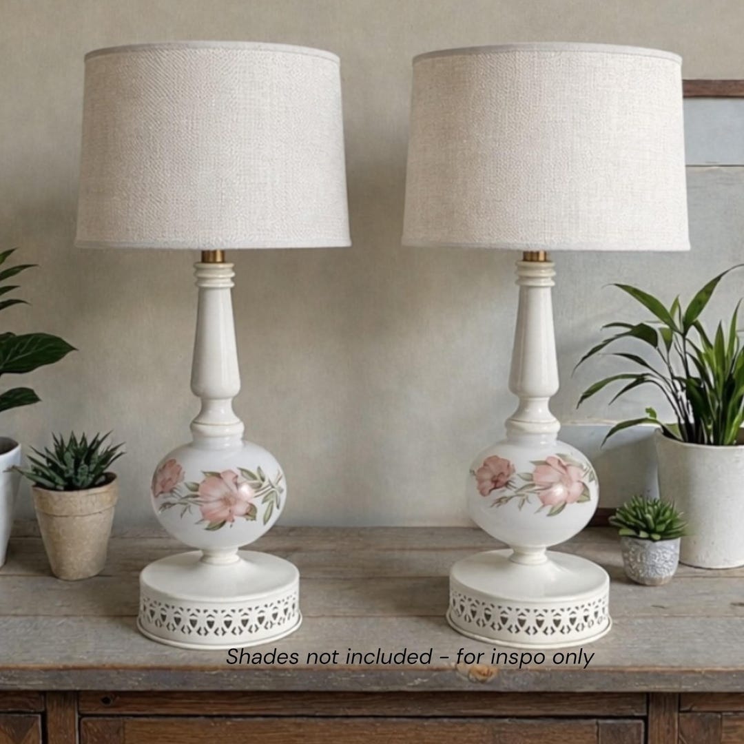 Vintage Pair Floral Lamps, Grannycore Milk Glass Table Lamps ...