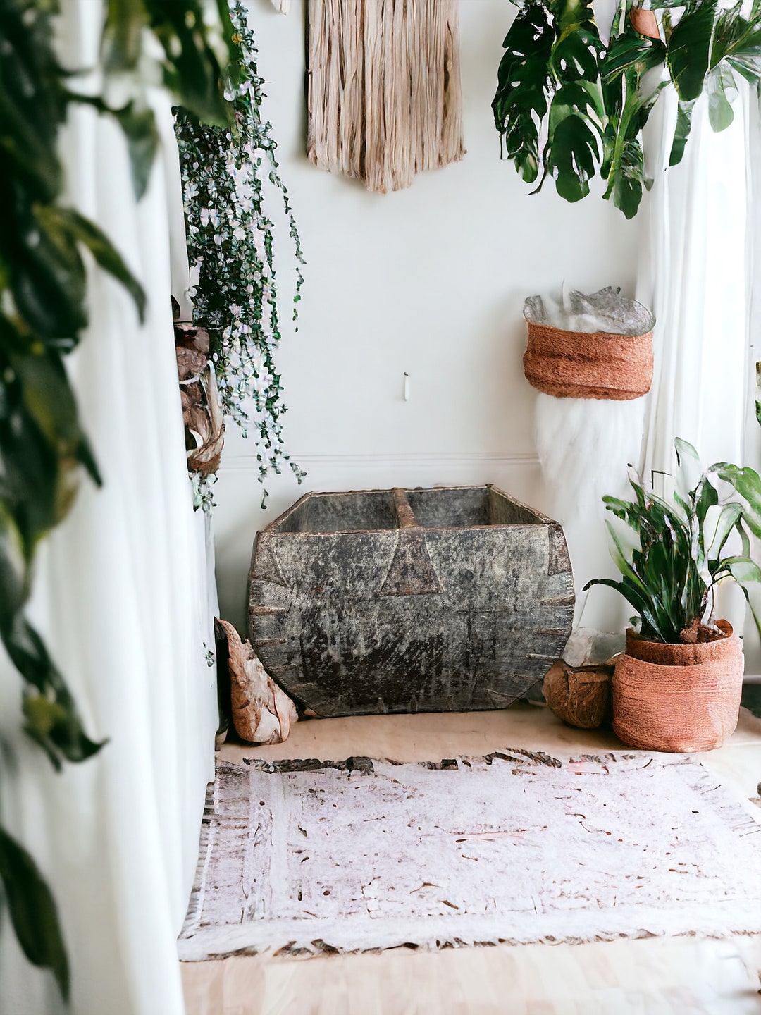Antique Asian Rice Bucket, Vintage Wooden Storage Container, Basket ...