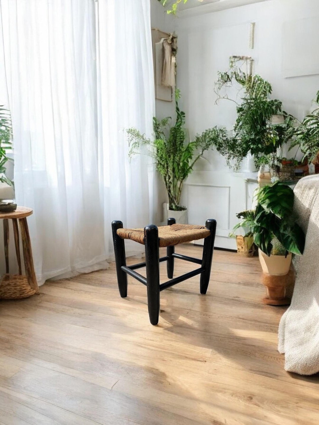 Antique Wooden Rush Stool, Rustic Foot Stool, Farmhouse Woven Ottoman ...